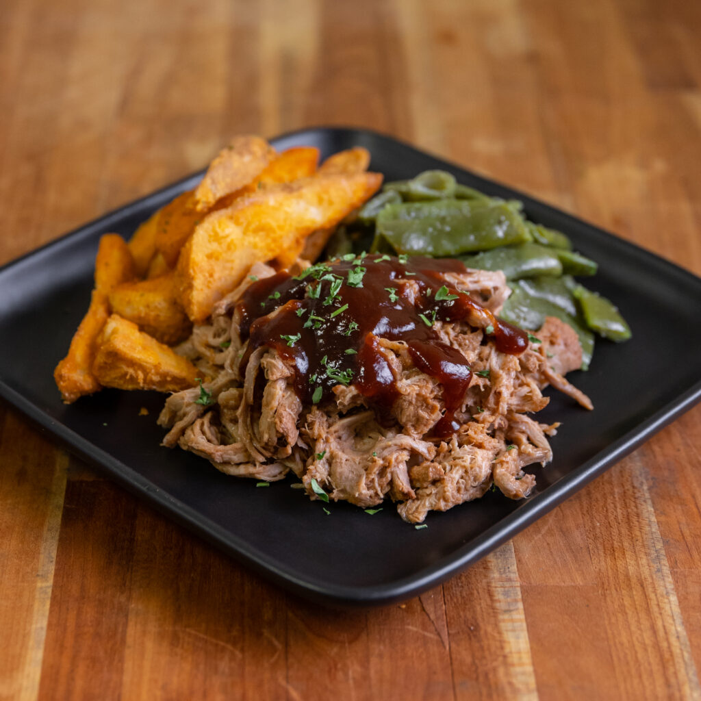 FROZEN Standard BBQ Pork Platter with Greens Beans and Baked Beans ...